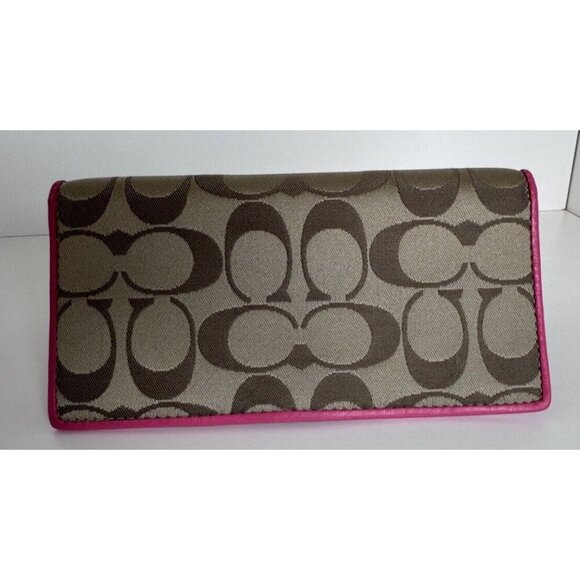 Coach | Bags | Coach Signature Logo Checkbook Wallet Khaki Pink ...